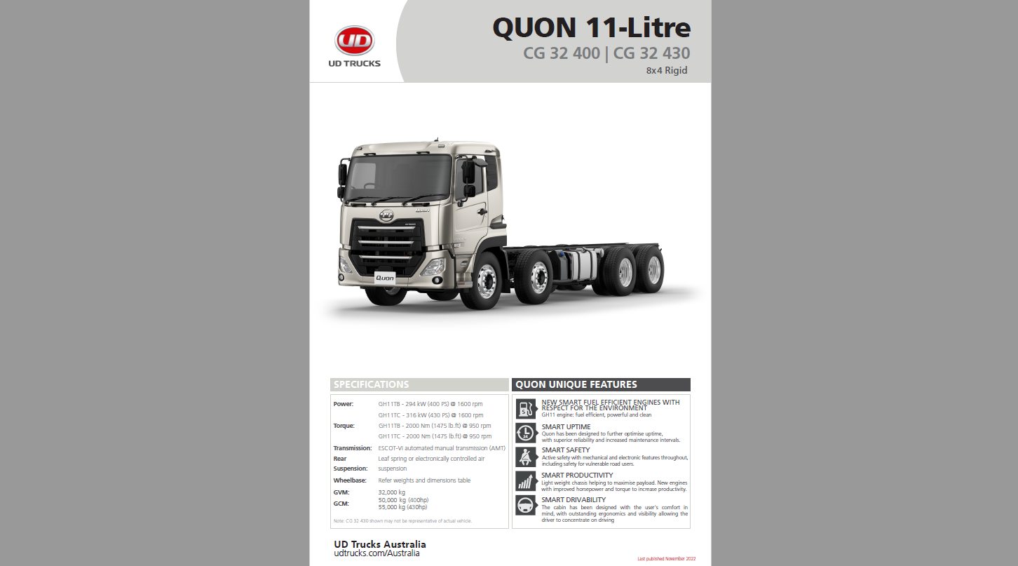 Quon CG 32 400 & 430 Spec Sheet | UD Trucks